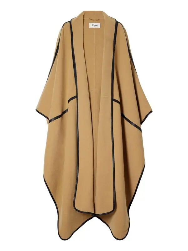 Chloé Paneled Leather-trimmed Wool-blend Flannel Cape - Camel