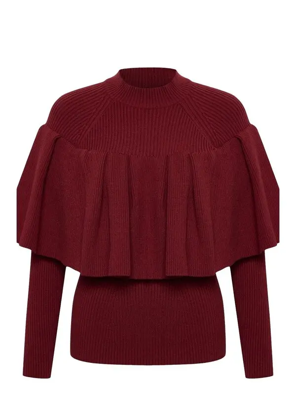THISISU COLLECTION Sophie Ruffle Detail Knit Blouse – Burgundy - Red