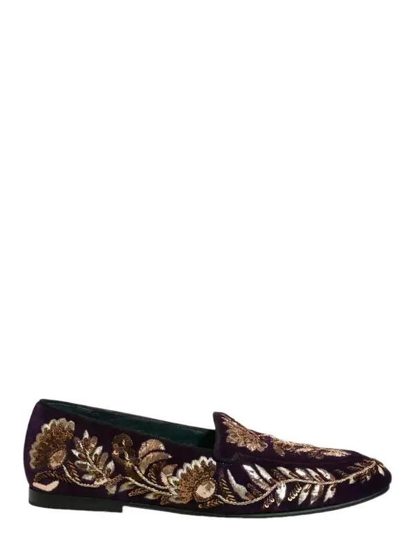 Dolce & Gabbana Violet Velvet Floral-embroidery Loafers - Purple