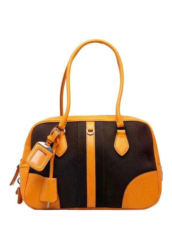 Prada 2000 Leather Trimmed Canvas Canapa Bauletto Bag Handbag - Brown