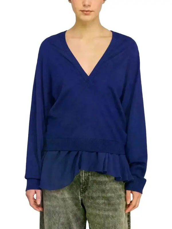 SEMICOUTURE Panda Ruffled V-neck Sweater - Blue