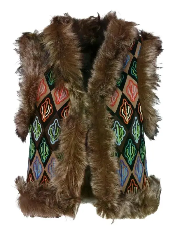 GOLDEN GOOSE Vest In Shearling And Suede With Multicolor Cactus Embroidery - Brown