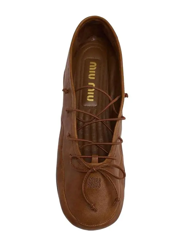 Miu Miu Vitello Leather Lace-up Ballerina Flats - Caffe