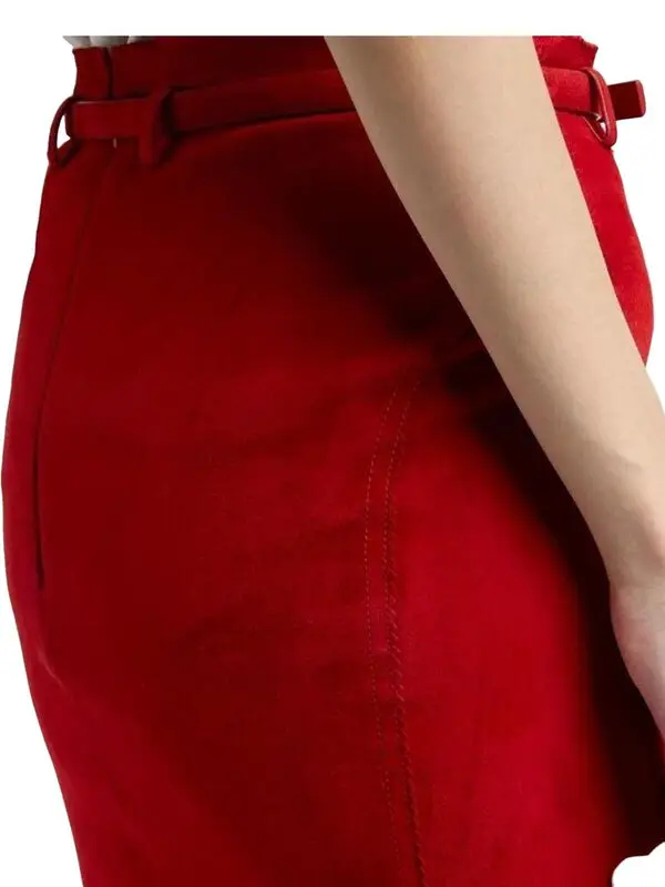 TOM FORD Soft Lamb Suede Belted Midi Pencil Skirt - Ruby Red.
