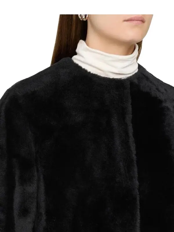 YVES SALOMON Manteau Lamb Shearling Collarless Long Coat - Black