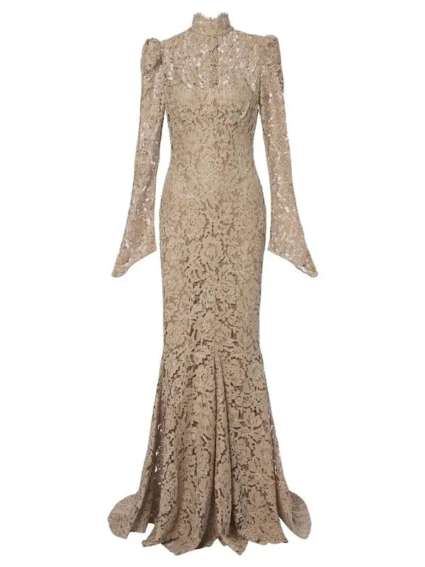 DE LA VALI Votiva Lace Lamé Gown - Beige