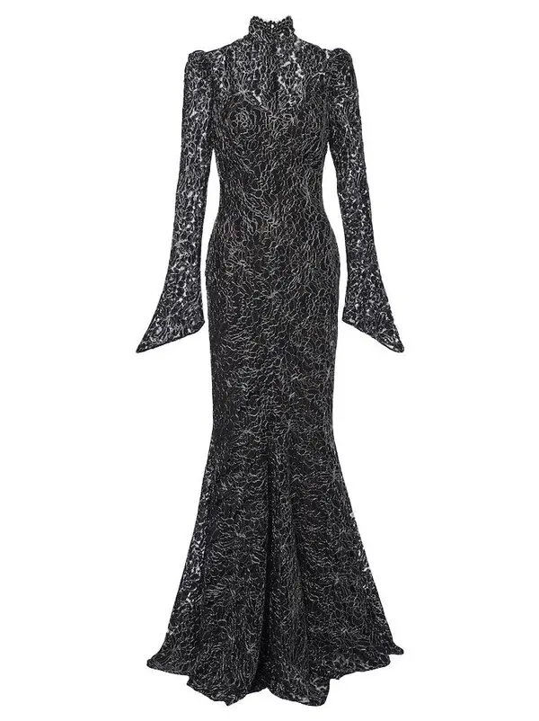 DE LA VALI Votiva Lace Lamé Gown - Black