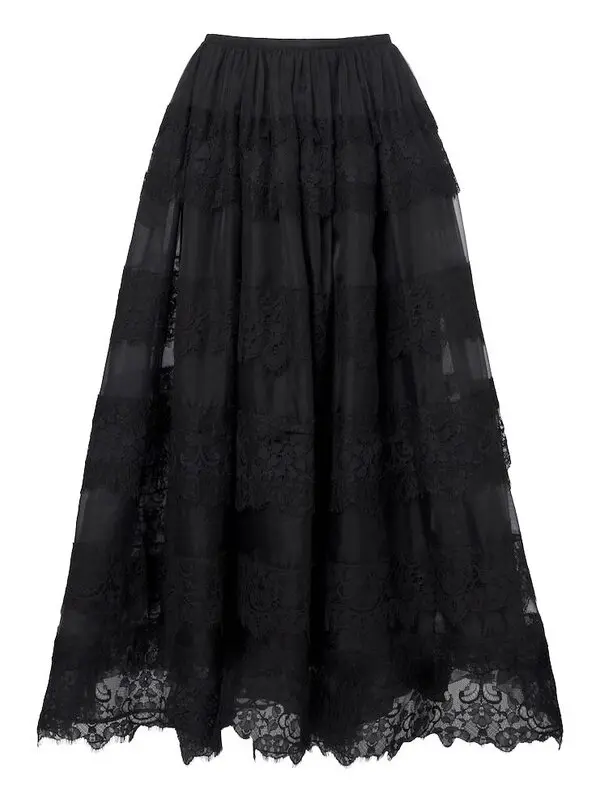 Elie Saab Lace-trimmed Organza Midi Skirt - Black