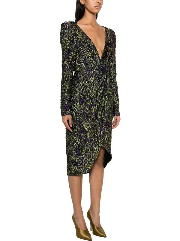 Balmain Cloqué V-neck Midi Dress - Green