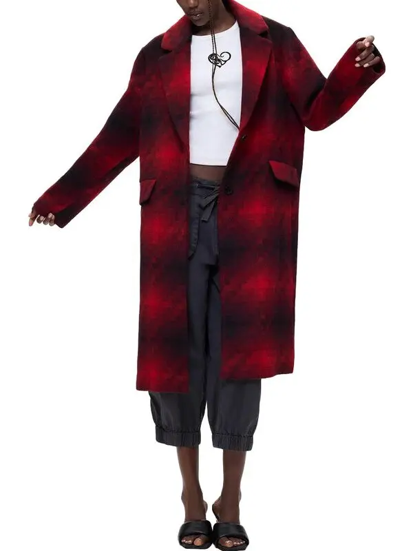 Desigual Checke Wool Blend Long Coat - Red