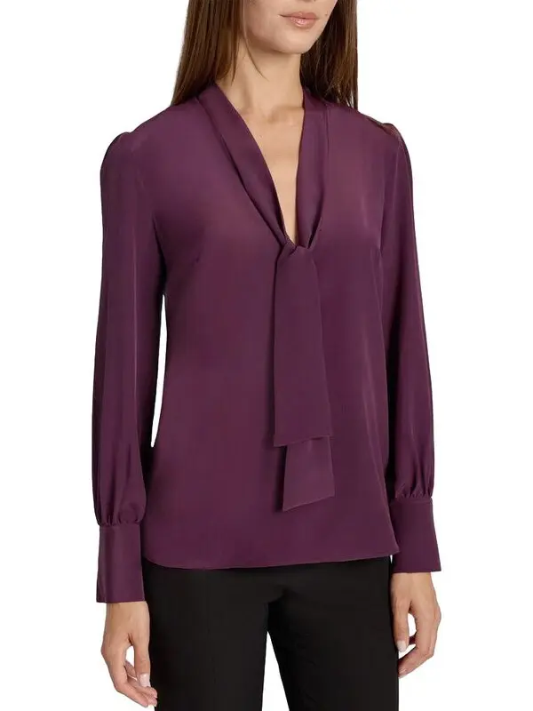 Santorelli Francis Tie Neck Blouse In Silk Crepe De Chine - Plum
