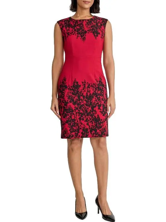 KASPER Extended Cap Sleeve Sheath Dress - Fire Red Multi
