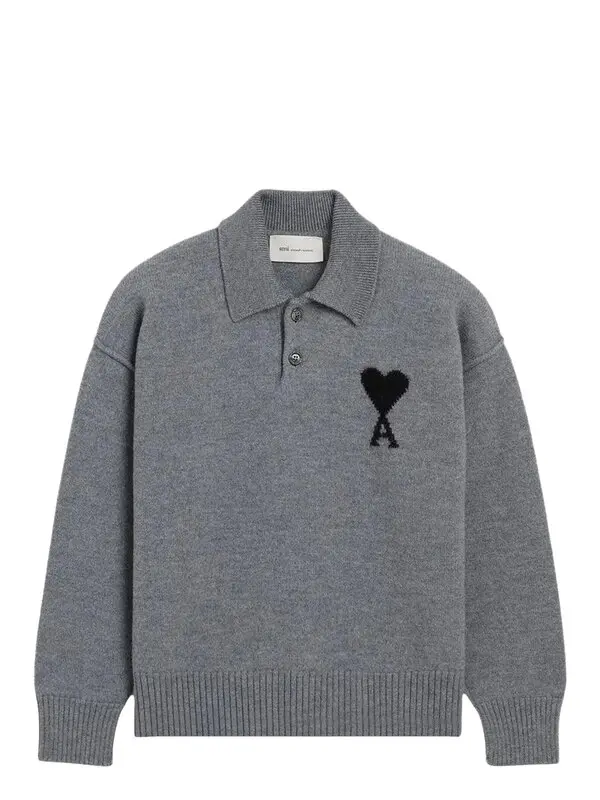 AMI Paris Quota Polo Sweater With Contrasted De Coeur 'gris Cendre Chine/noir - Grey