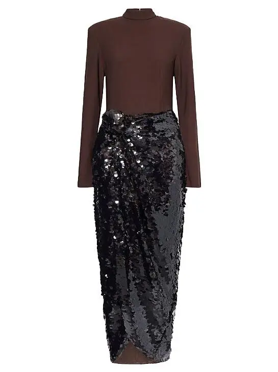 ROTATE BY BIRGER CHRISTENSEN Linetta Knotted Sequin Midi Dress - Mole