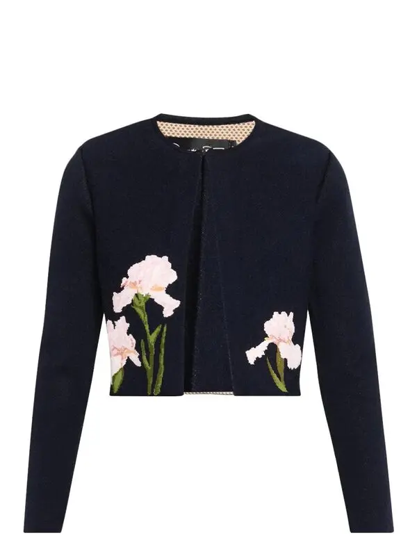 Oscar De La Renta Iris Knit Jacquard Crop Cardigan - Navy Multi