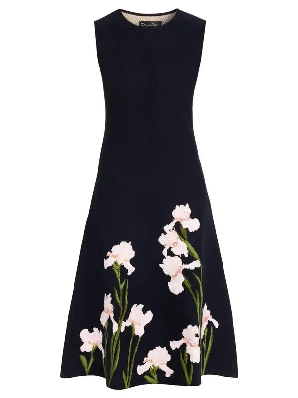 Oscar De La Renta Sleeveless Iris Knit Jacquard Midi Dress - Navy Multi