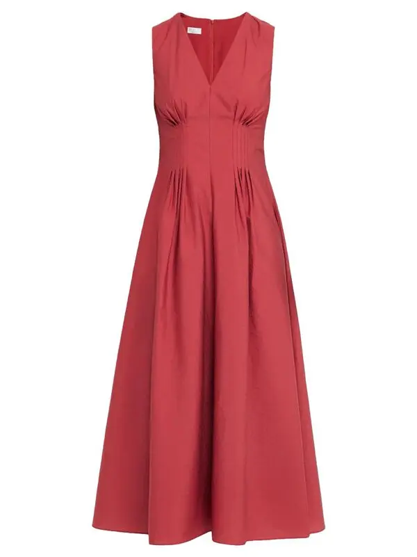Brunello Cucinelli V-neck Pleated Techno Cotton Poplin Sleeveless Midi Dress - Red