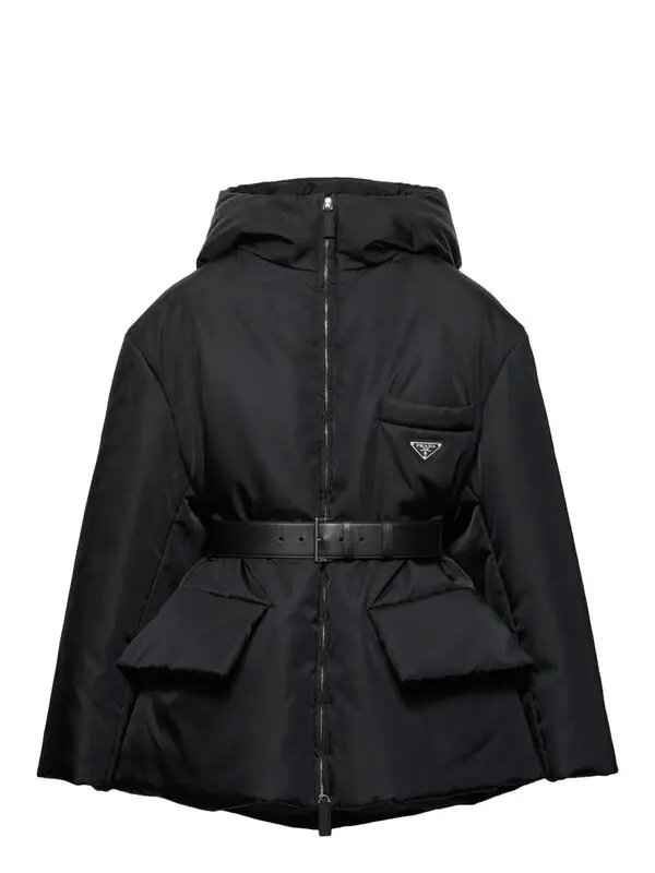 Prada Re-nylon Belt Cinched Hooded Down Jacket - Nero