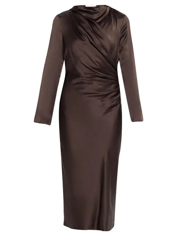 Loulou De Saison Fabio Cowl-neck Draped Satin Long-sleeve Midi Dress - Brown