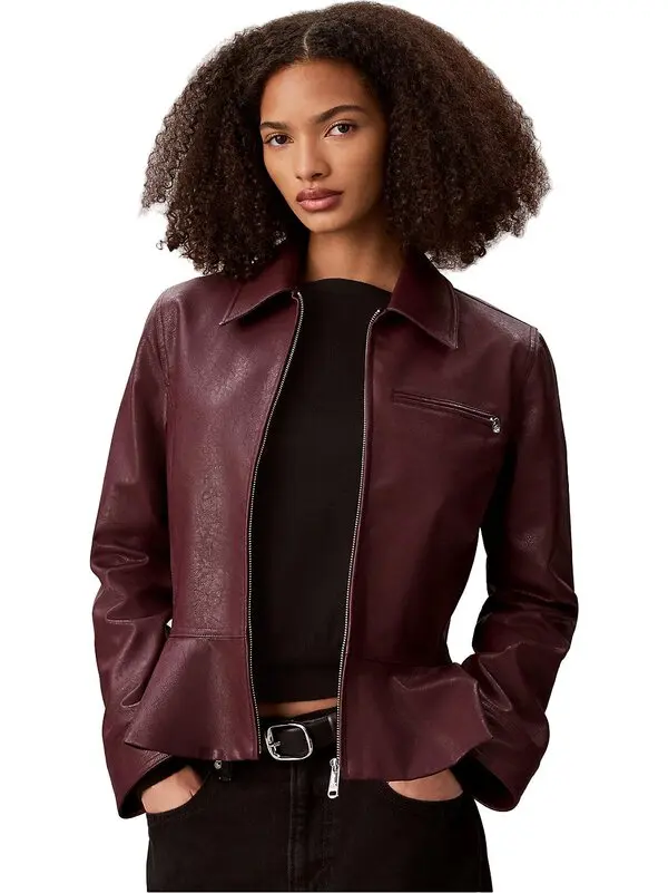 Calvin Klein Distressed Faux Leather Moto Jacket - Raspberry Truffle