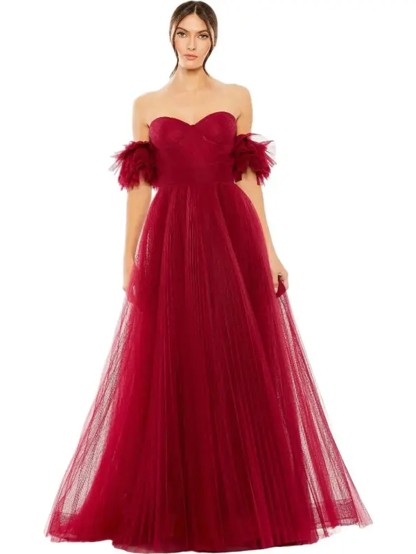 Mac Duggal Off The Shoulder Tulle A Line Gown - Red