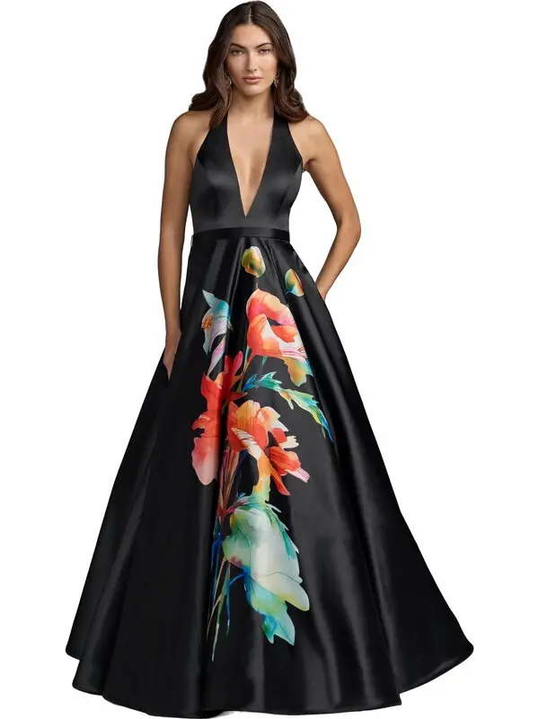 Mac Duggal Floral Print Halter Neck Ball Gown - Black Multi