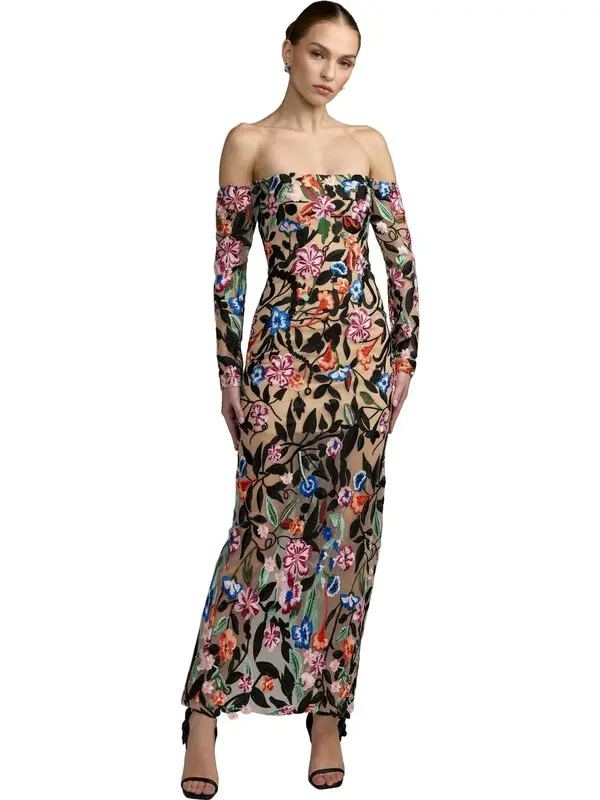 Mac Duggal Floral Embroidered Long Sleeve Maxi Dress - Nude Multi