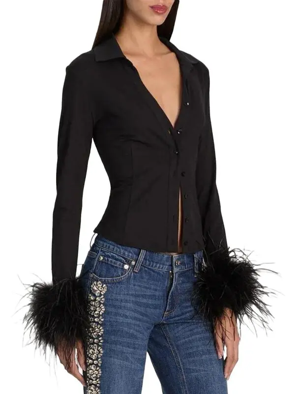 Alice + Olivia Freya Feather-cuff Top - Black