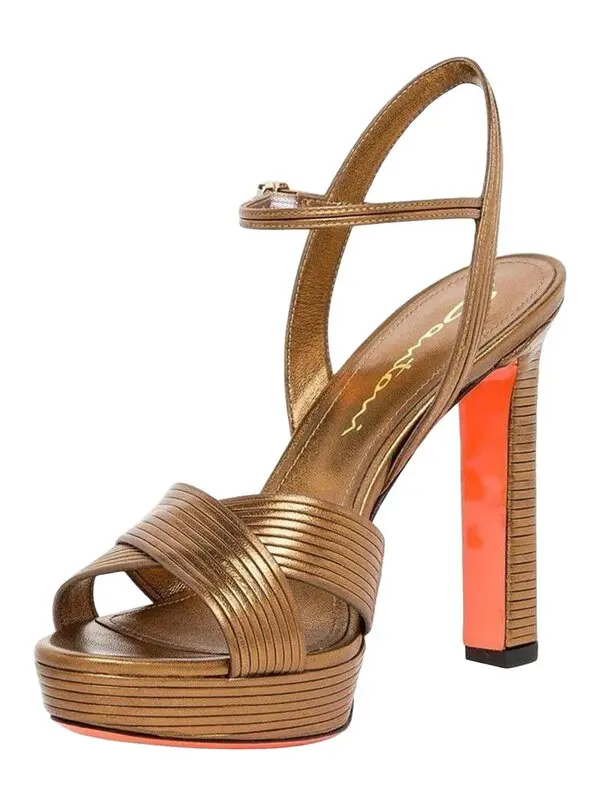 Santoni 100mm Laureen Metallic Leather Platform Sandals - Bronze