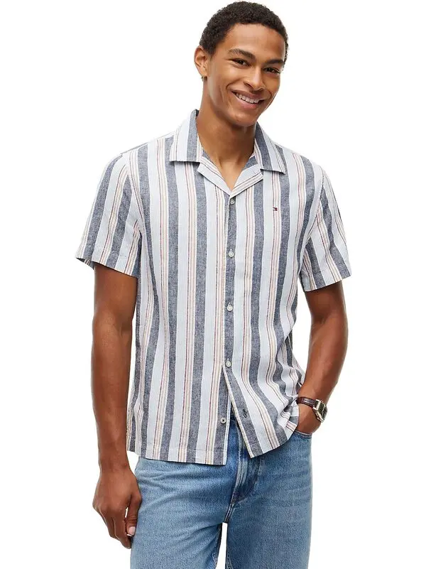 Tommy Hilfiger Regular Fit Striped Linen-blend Camp Shirt - Carbon Black/stripe