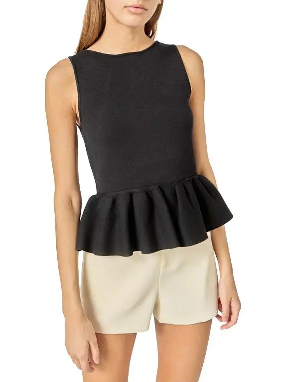 English Factory Peplum Sleeveless Knit Top - Black