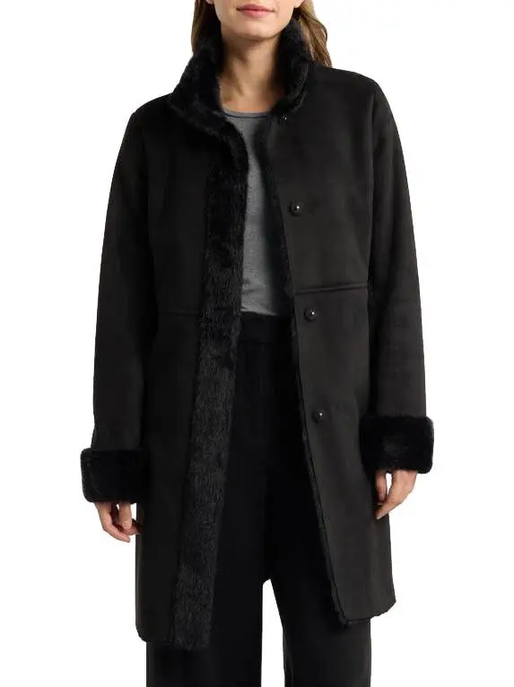 Via Spiga Faux Fur Trim Faux Suede Car Coat - Black