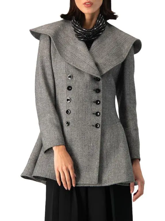 IVONNE Double-breasted Peplum Jacket With Oversized Shawl Collar - Gray