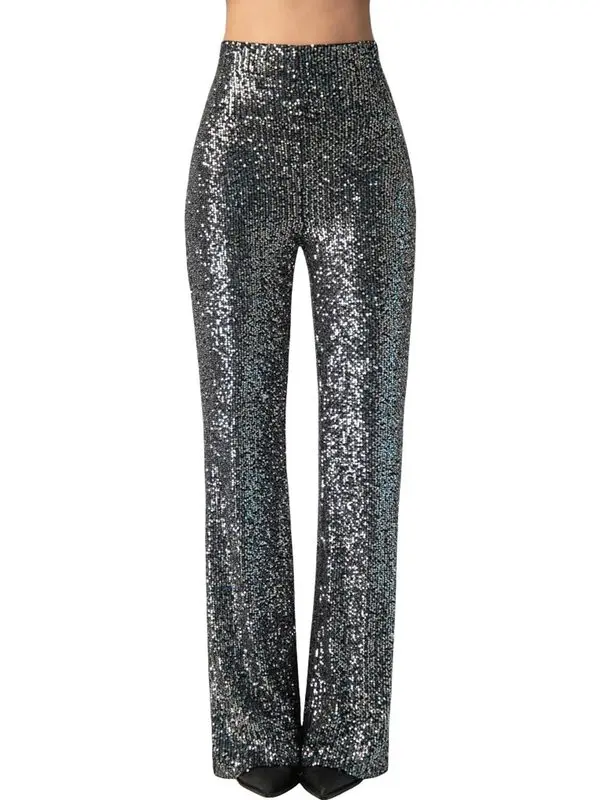 IVONNE All-over Sequin High-rise Flare Pants - Silver