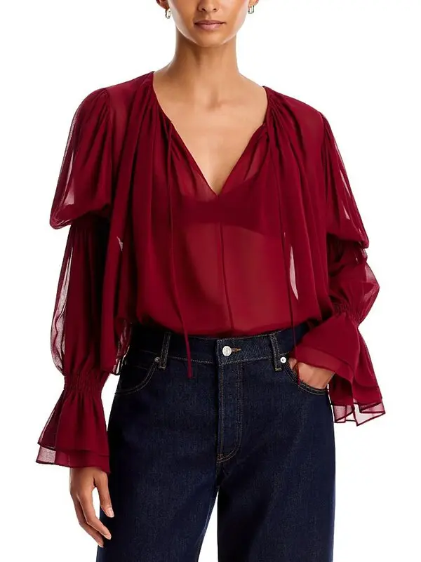 FRAME The Ripple Silk V Neck Blouse - Deep Garnet