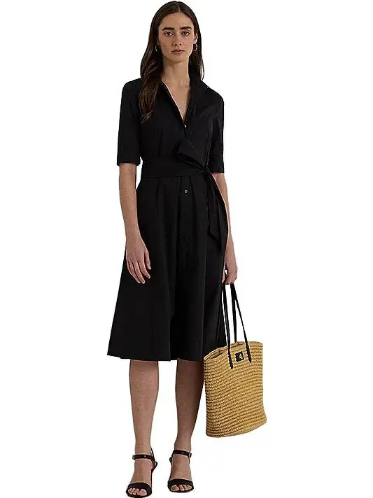 Ralph Lauren Cotton Blend Elbow Sleeve Shirt Dress - Black