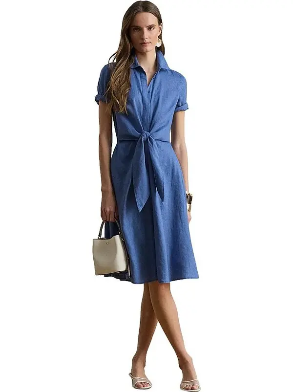 Ralph Lauren Petites Tie Front Linen Shirt Dress - Blue
