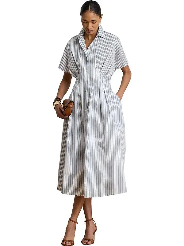 Ralph Lauren Pleated Broadcloth Shirt Dress - Blue Multi