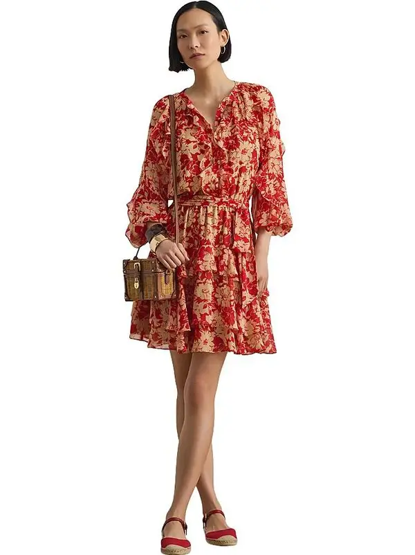 Ralph Lauren Print Ruffle Trim Georgette Tiered Dress - Red/tan