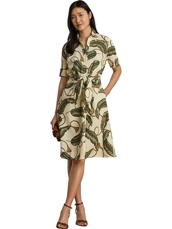 Ralph Lauren Rope Print Tie Front Linen Shirtdress - White Multi