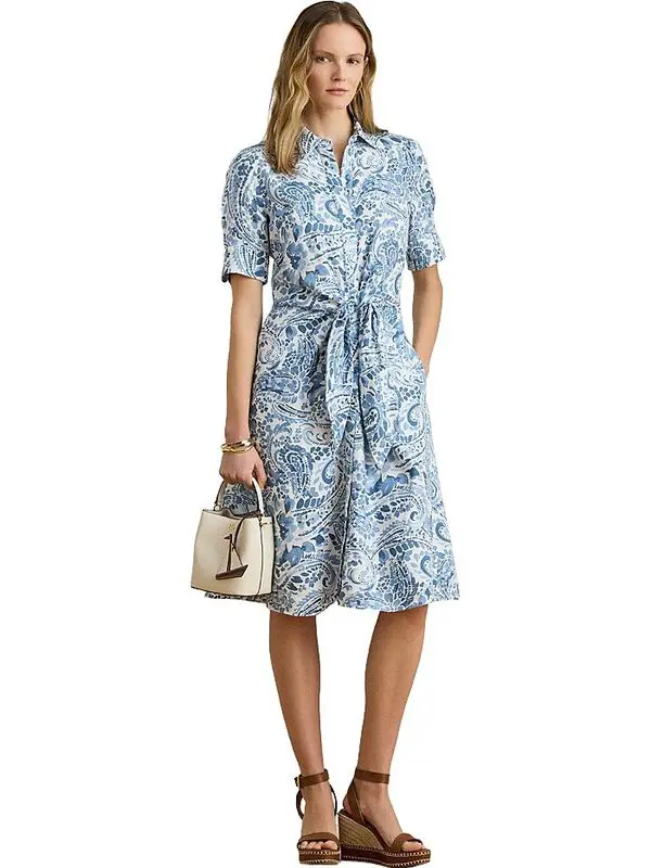 Ralph Lauren Paisley Tie Front Linen Shirtdress - White Multi