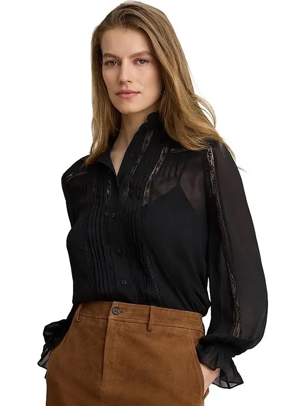 Ralph Lauren Lace Trim Crinkle Georgette Blouse - Black