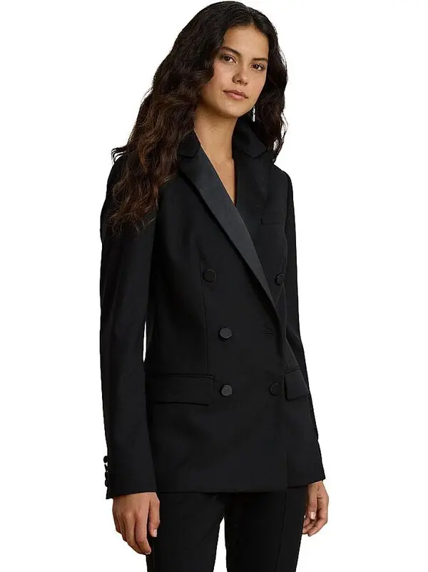 Ralph Lauren Satin Trim Double Breasted Wool Blazer - Black