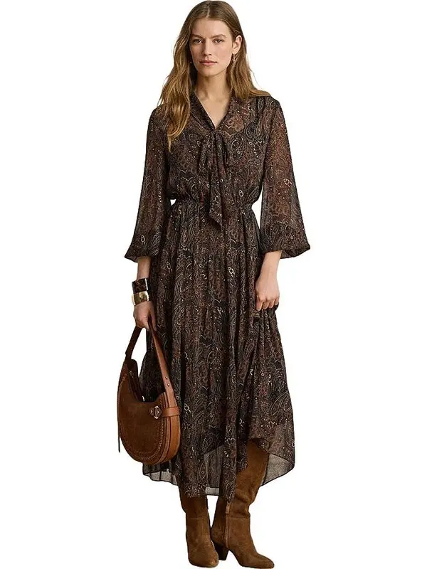Ralph Lauren Paisley Georgette Tie Neck Tiered Dress - Black