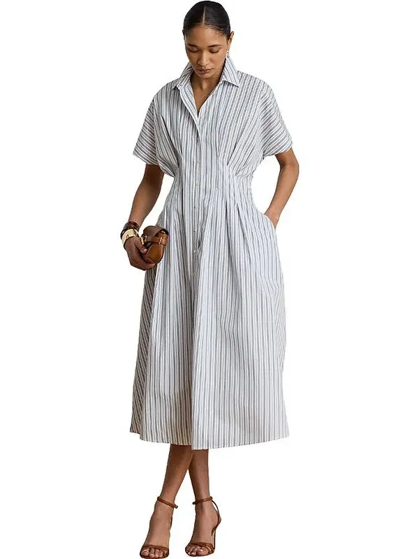 Ralph Lauren Petite Striped Pleated Broadcloth Shirtdress - Blue Multi