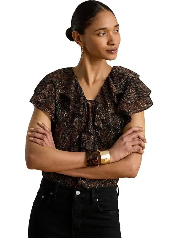 Ralph Lauren Ruffled Trim Georgette Top - Black Multi