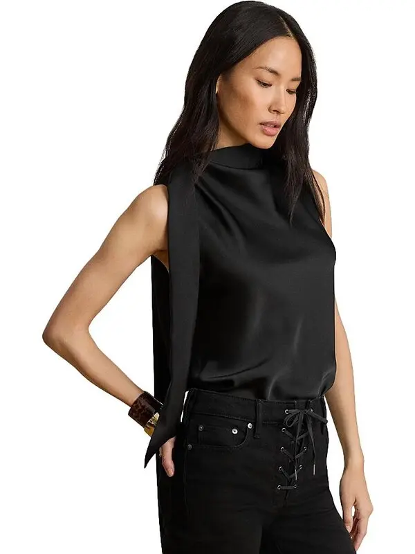 Ralph Lauren Sleeveless Tie Neck Charmeuse Blouse - Black