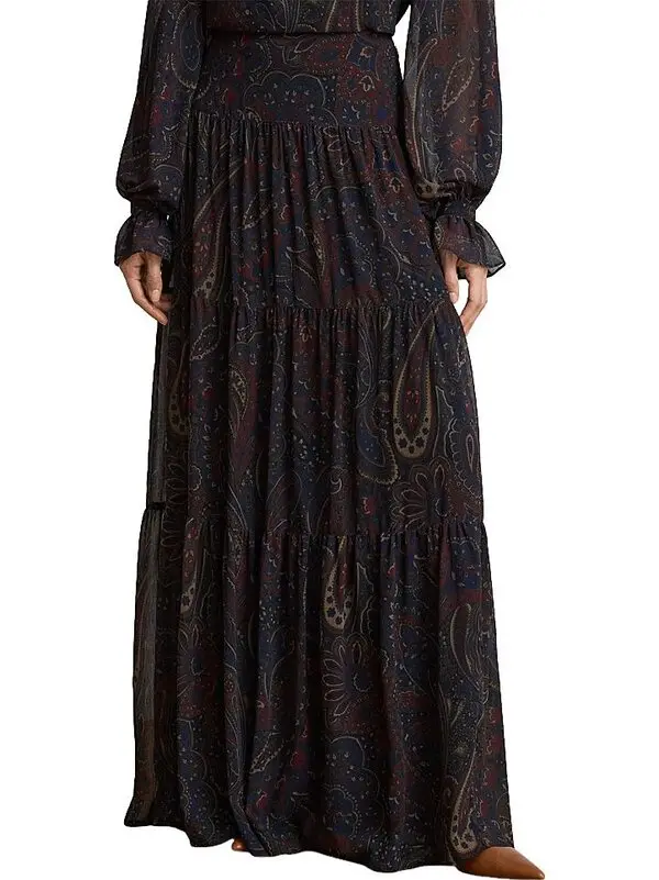 Ralph Lauren Paisley Print Georgette Tiered Maxi Skirt - Navy Multi