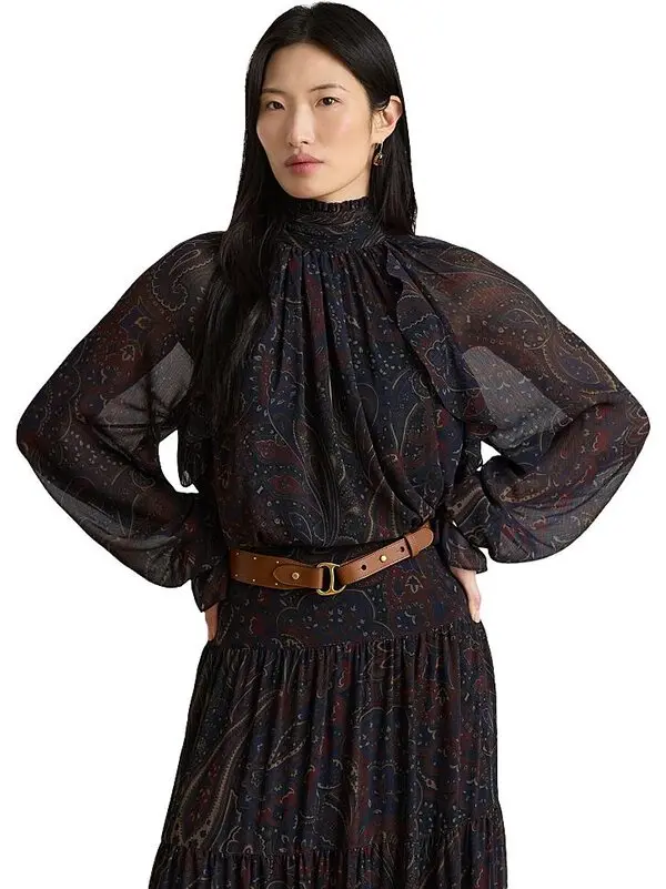Ralph Lauren Paisley Print Georgette Mock Neck Blouse - Navy Multi