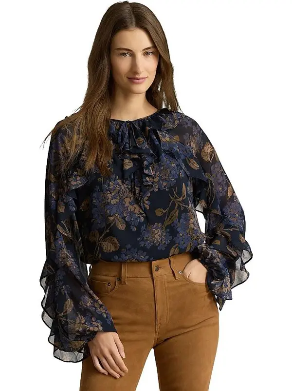 Ralph Lauren Georgette Ruffle Trim Blouse - Navy Multi
